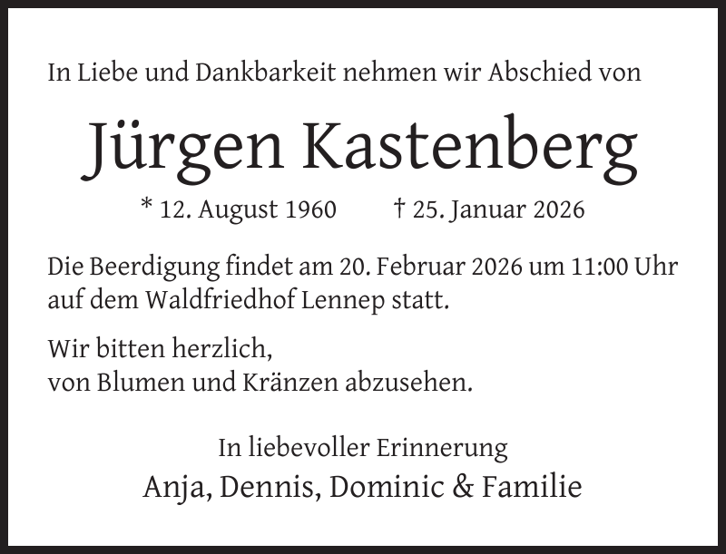 Jürgen Kastenberg: Traueranzeige : Remscheider General-Anzeiger