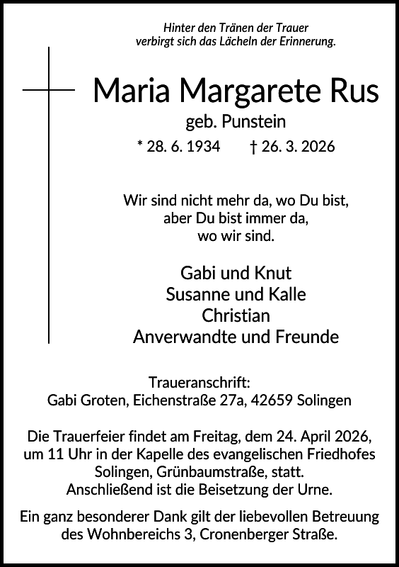 Maria Rus: Traueranzeige : Solinger Tageblatt Trauer