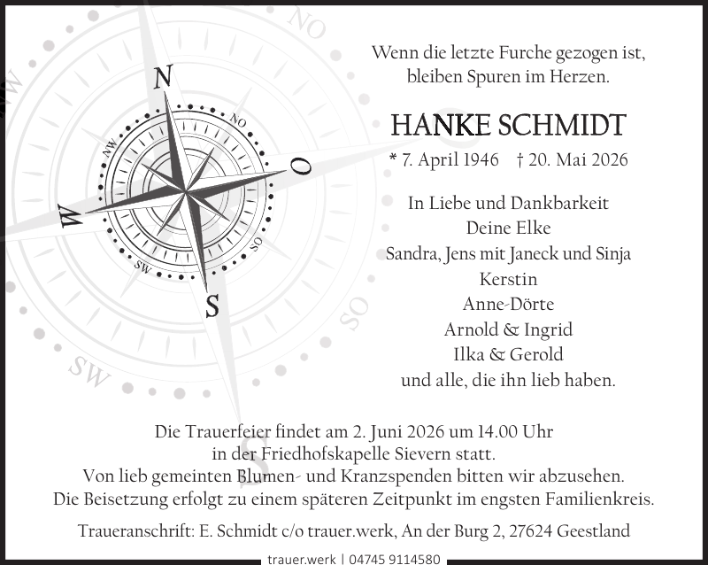 Hanke Schmidt: Gedenken : Nordsee-Zeitung