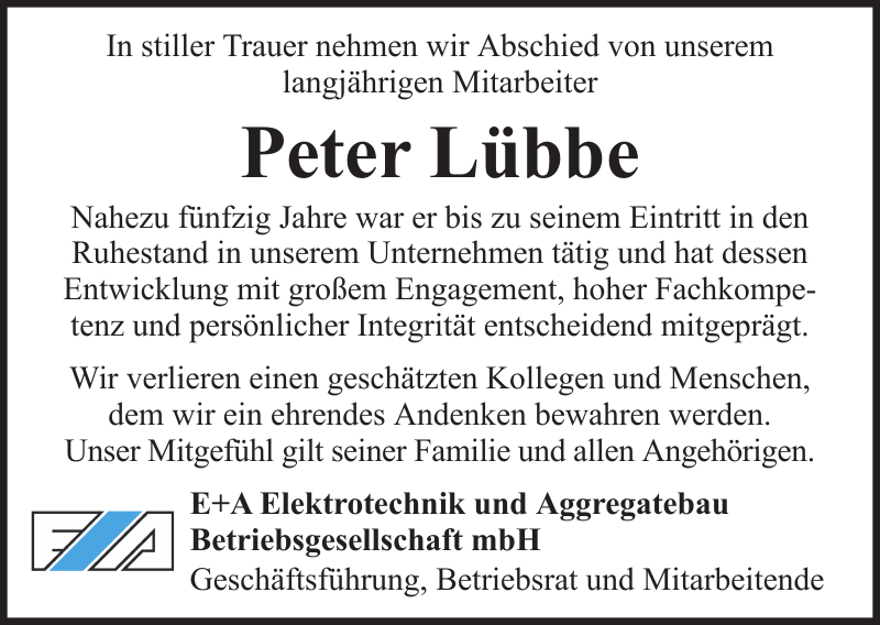 Peter Lübbe: Nachruf : Nordsee-Zeitung