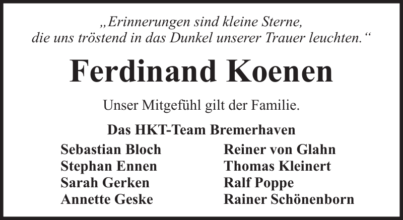 Ferdinand Koenen: Nachruf : Nordsee-Zeitung
