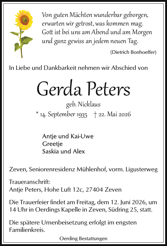 Gerda Peters: Gedenken : Zevener Zeitung