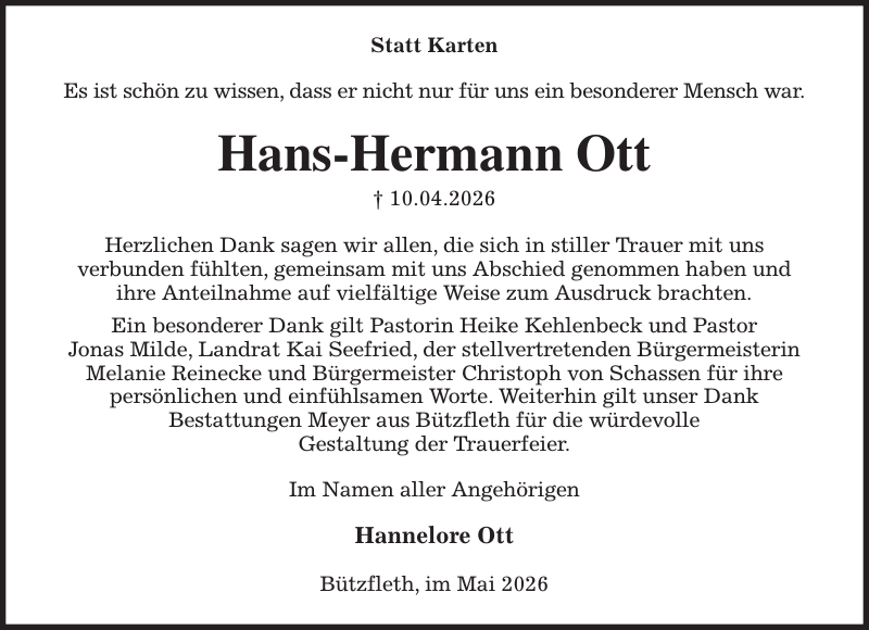Hans-Hermann Ott: Danksagung : Stader Tageblatt